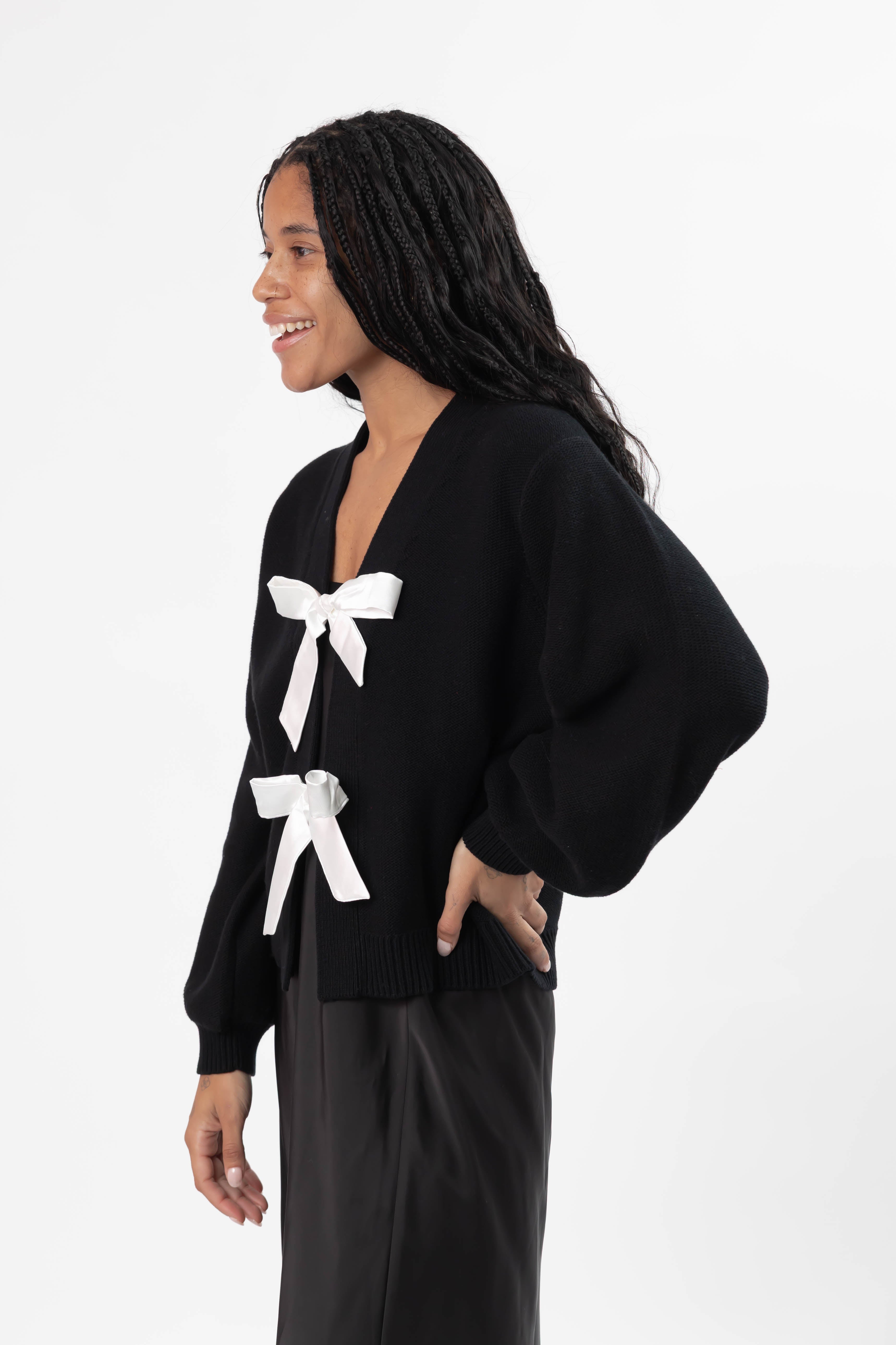 S+T x Fallon Farinacci Satin Bow Cardigan in Black/Cream – Smash + Tess
