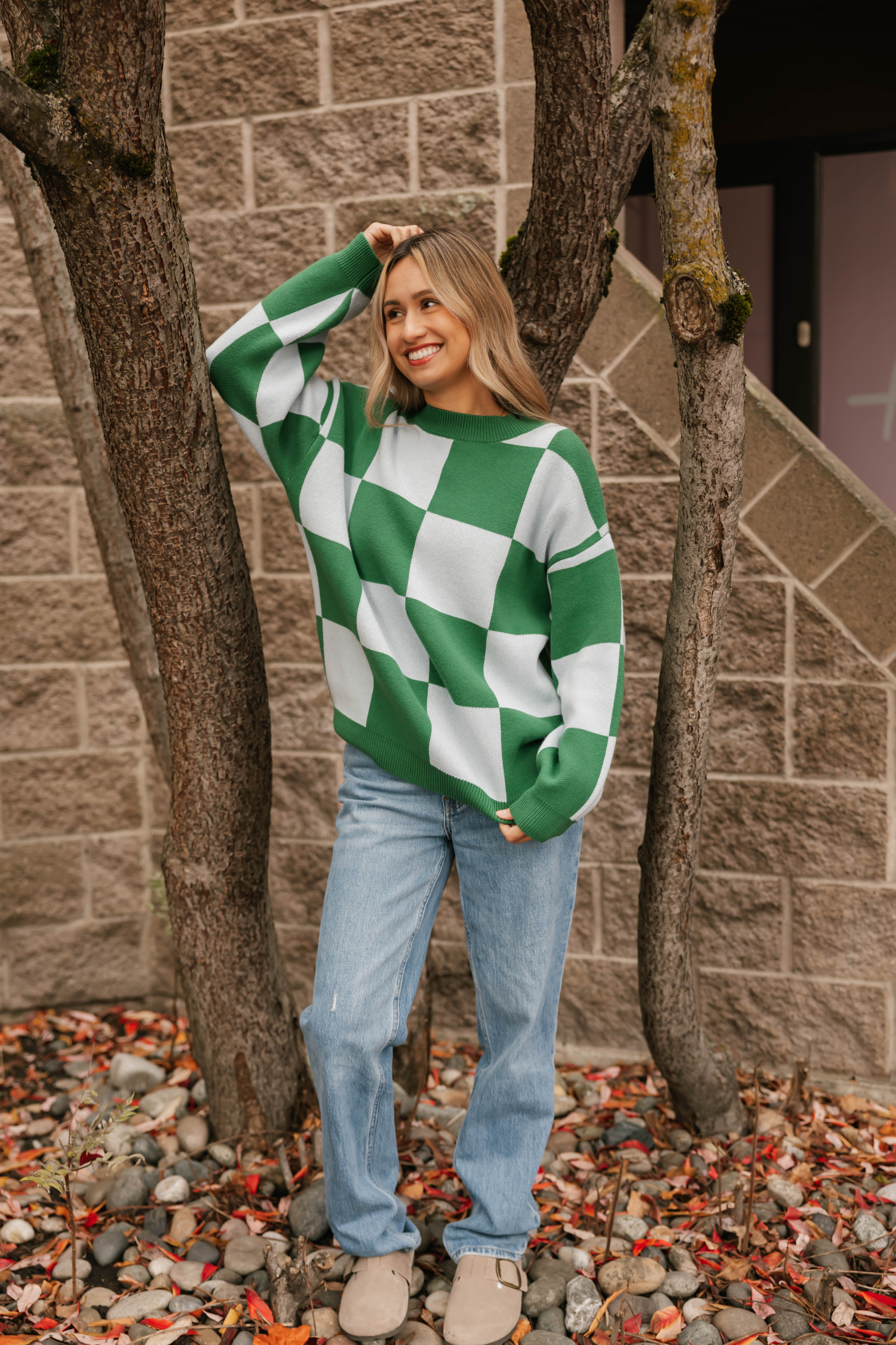 Chrissy Checkered Sweater in Green/Blue – Smash + Tess