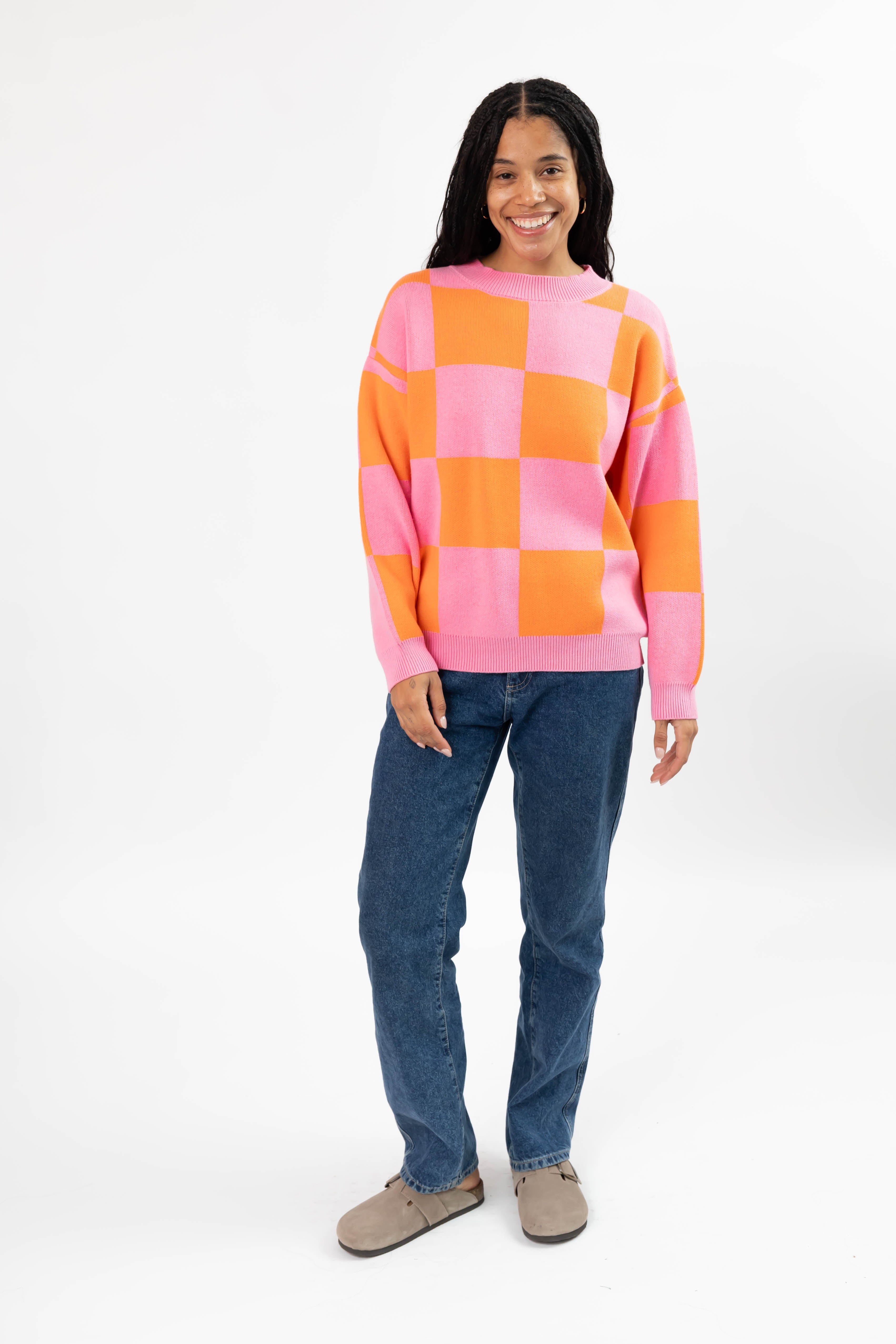 Chrissy Checkered Sweater in Pink/Orange – Smash + Tess