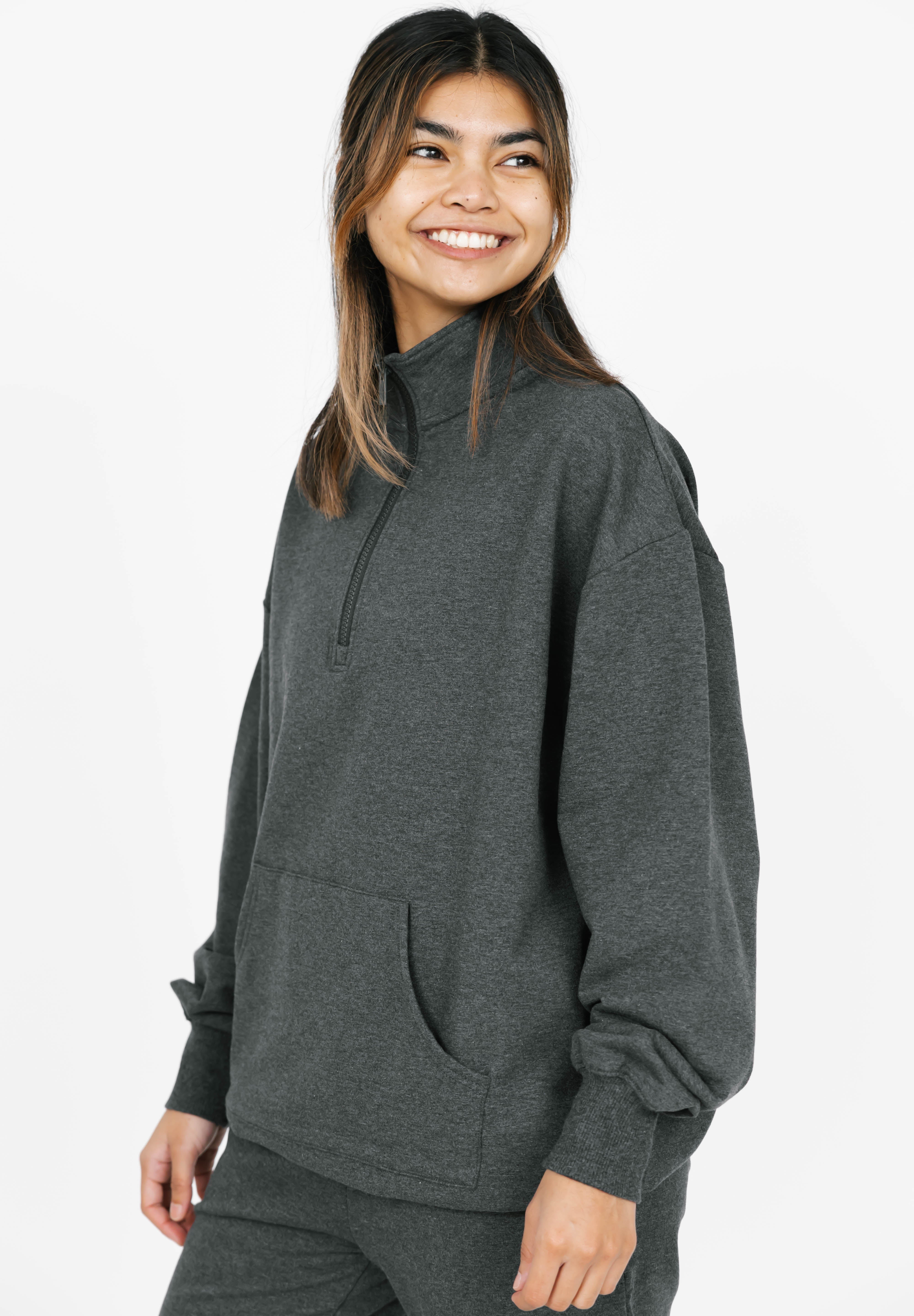 Sara Sweatfleece 1/4 Zip Top in Heather Charcoal – Smash + Tess